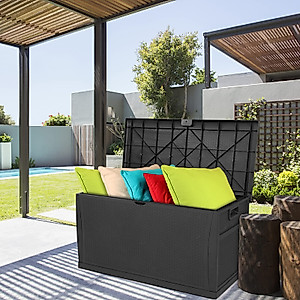 VINGLI Upgraded 120 Gallon Outdoor Storage Box, Lockable Plastic Storage Containers with Lid, Rattan Grain Surface Deck Box Patio Furniture for Garden, Pool, Balcony, Yard (Black)