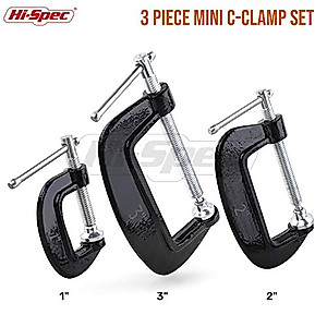 Hi-Spec 3pc Mini Small C Clamps Set. 1, 2 & 3 Inch Metal Clamps for DIY, Crafts, Woodworking & Carpentry