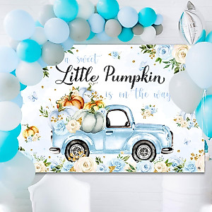 Little Pumpkin Baby Shower Decoration Backdrop for Boy A Sweet Little Pumpkin is On The Way Fall Blue Floral Truck Photography Background It's a Boy Party Decor Banner 5x3ft