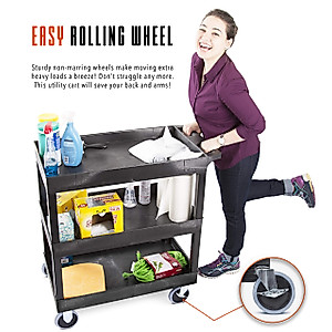 Stand Steady Tubstr 3 Shelf Utility Cart Supports Up to 375 lbs - Heavy-Duty Plastic Service Push Cart with Deep Shelves and 5" Casters, for Offices, Warehouse Storage, Garage (Black, 32 x 18 x 51)