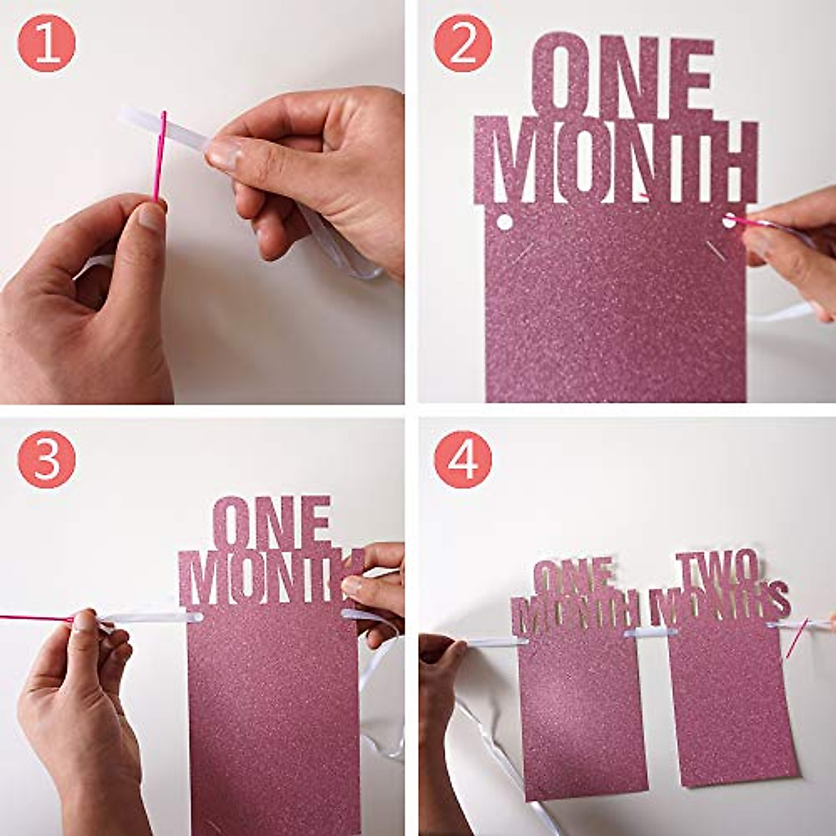 First Birthday Party Photo Banner, Baby Sign Decors from New Born to Twelve Months, Pink Glitter Baby's 1st Birthday Party Photo Booth Bunting Supplies