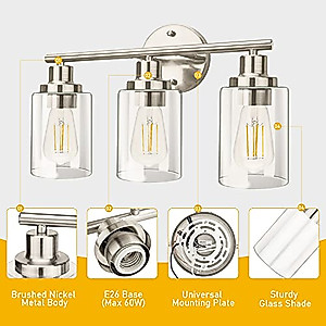 Apenath Vanity Wall Light Fixtures, Modern 3 Lights Wall Sconce with Clear Glass Shade, Brushed Nickel Farmhouse Wall Lamp for Bathroom Mirror Kitchen Porch Living Room Workshop (E26 Base)