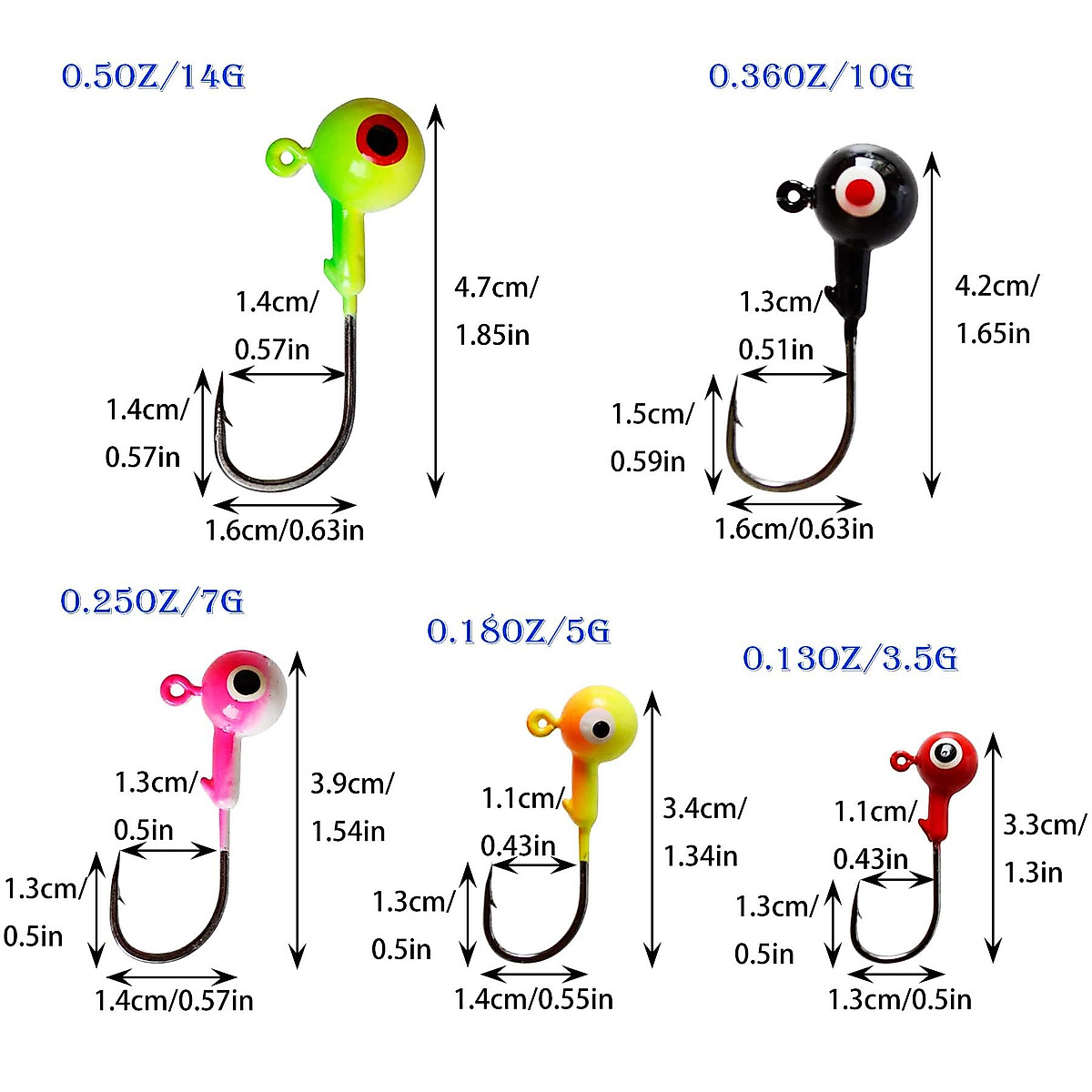 Vinfutin Fishing Jig Head Hooks with 3D Eyes Colorful Ball Head Jig Sharp Hooks Fishing for Worm Fishing Lures Bass Trout Saltwater and Freshwater Fishing Tackle Box Weight (0.36oz(10g)-15pcs)