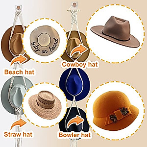 Macrame Hat Hangers for Wall with Adhensive Wooden Hook, Handmade Decorative Boho Hat Organizer Bohemian Macrame Cap Holder Set for Display for Beach Hat Sun Hat for Wide Brim Caps (3 holes & 2 holes)