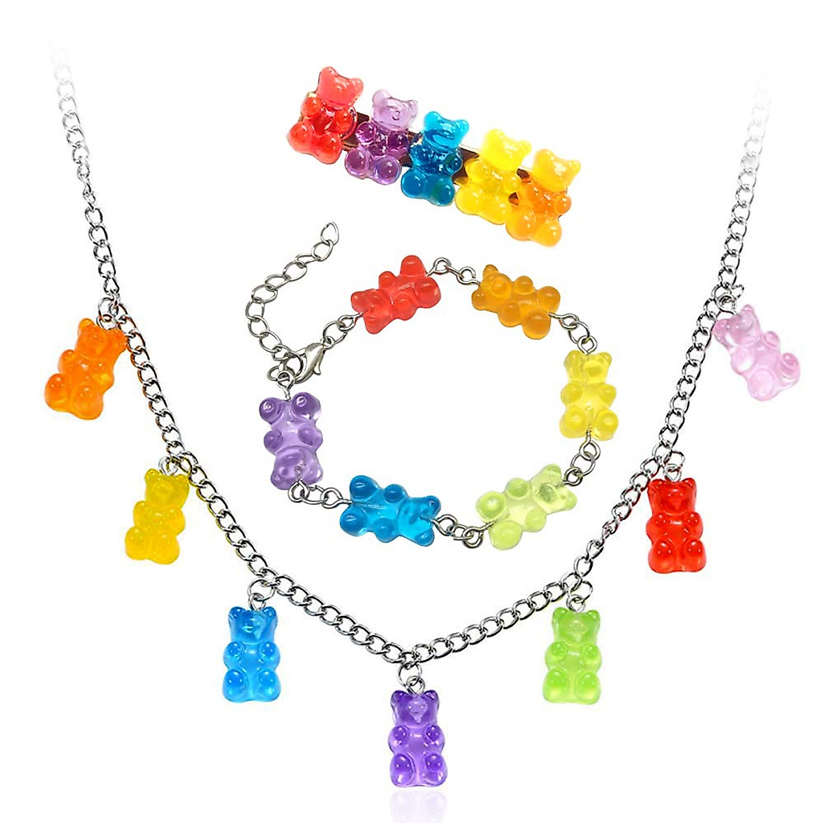 Colorful Gummy Bear Necklace Bracelet Hairpin Set Fashion Resin Candy Color Tiny Animal Charms Dangling Pendant Necklace Barrette for Women Adorable Gift