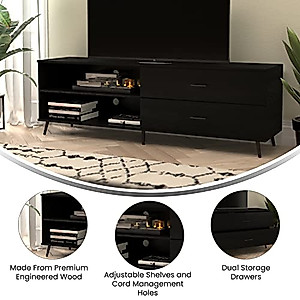 Flash Furniture Nelson 65" Mid Century Modern Stand for up to 60" TV's with Adjustable Shelf and Storage Drawers, Black
