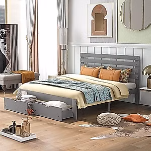 RIDFY Queen Size Wood Platform Bed Frame with Drawers,Heavy Duty Platform Bed Frame with Headboard,Bed Frame with Storage,No Box Spring Needed, Easy Assembly(Queen) (Grey)