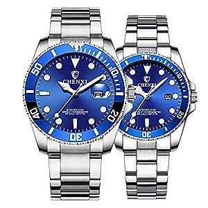 MASTOP Couple Watches Classic Golden Stainless Steel Watch His and Hers Waterproof Quartz Watch (Silver Blue)