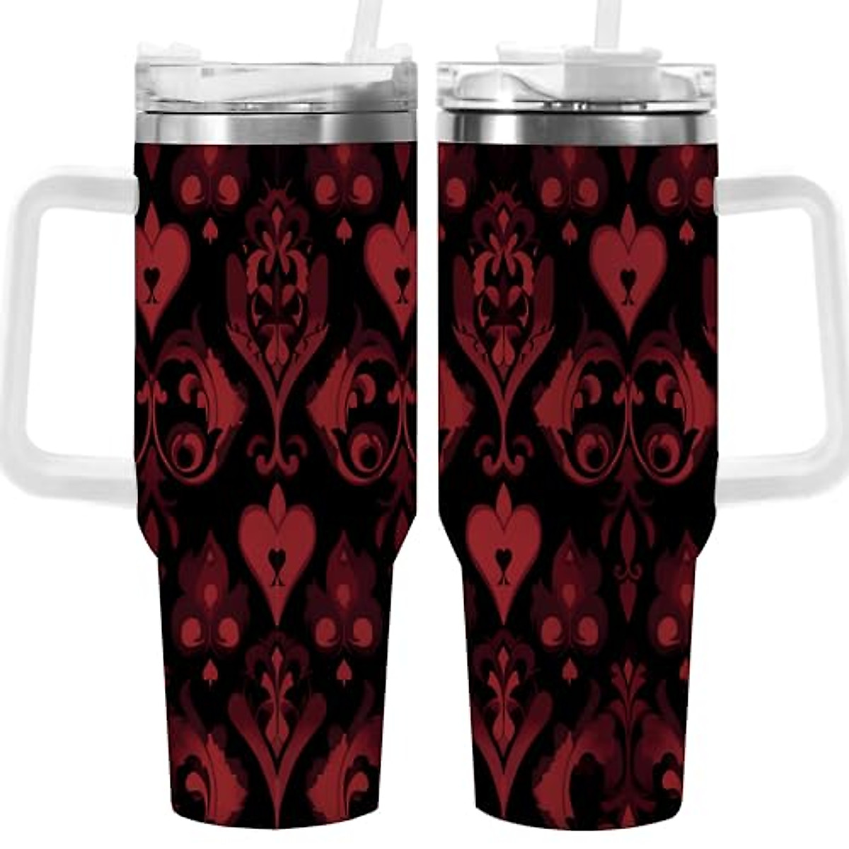 FOCIUZTA 40oz Deep Red Ornate Heart Pattern Tumbler with Lid, Travel Coffee Cup, Ideal for Easter, Gaming Enthusiast, Mother Day, and Birthday Gifts