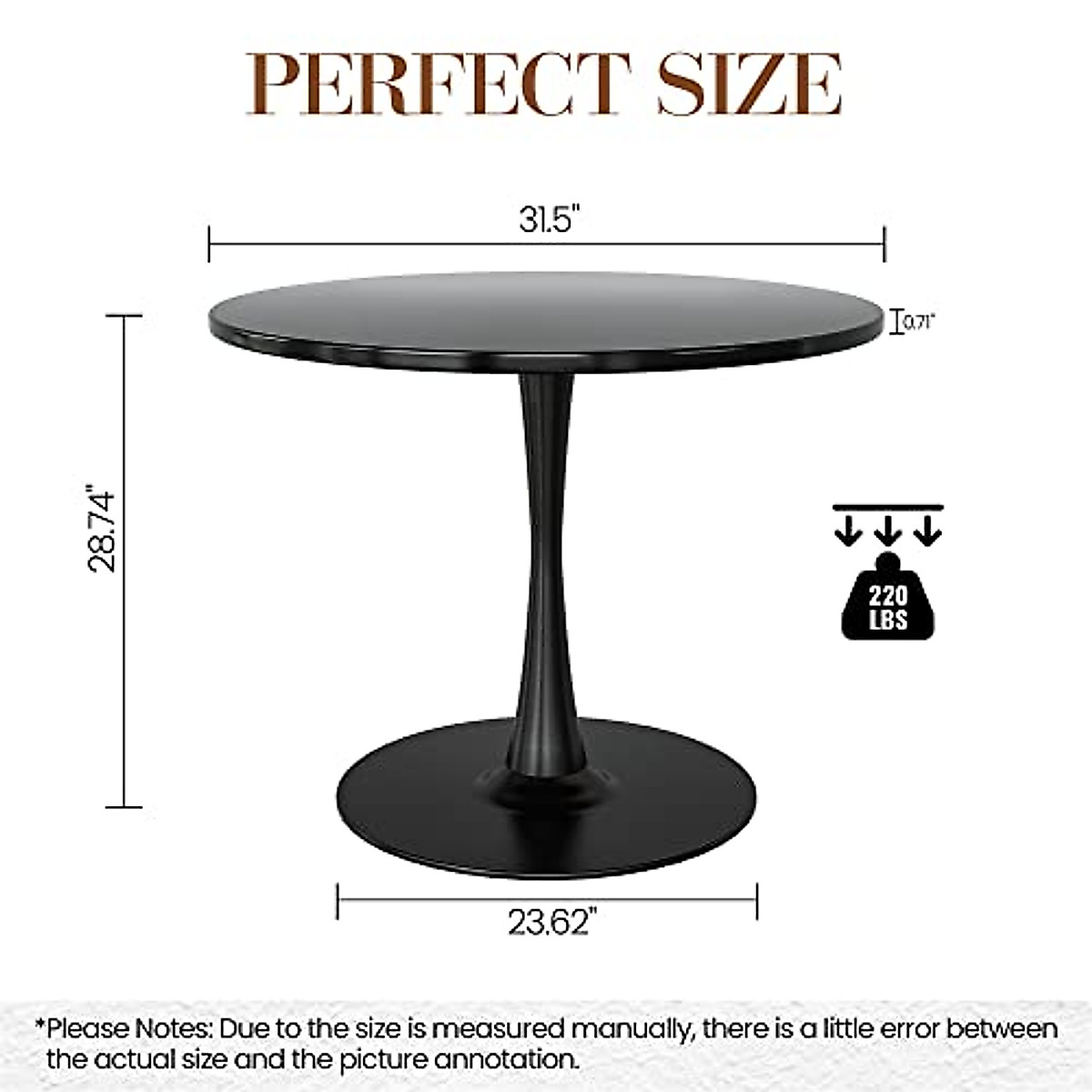Recaceik Modern Round Dining Table, 31.5'' Tulip Table with MDF Table Top & Metal Pedestal Base for Dining Room Living Room Cafe, Kitchen w/ 0.71” Thickened Tabletop for 2-4 People, Black