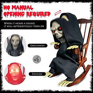 YIGORN Screaming Animated Halloween Decorations, Halloween Decor Prop with Motion Sensor, Cary Skeletons Sitting in Rocking Chairs Decorate Haunted Houses， Rocking Chair Grim Reaper