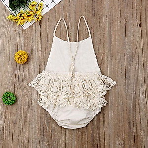 Newborn Infant Baby Girl Clothes Lace Halter Backless Jumpsuit Romper Bodysuit Sunsuit Outfits Set (Off White, 6-12 Months)