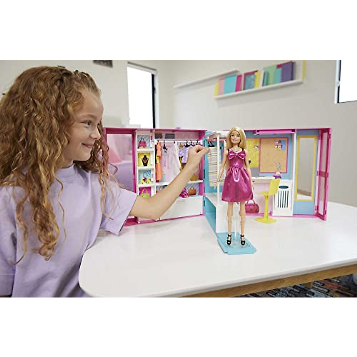 Barbie Dream Closet with Blonde Doll & 25+ Pieces, Toy Closet Expands to 2+ ft Wide & Features 10+ Storage Areas, Full-Length Mirror, Customizable Desk Space and Rotating Clothes Rack
