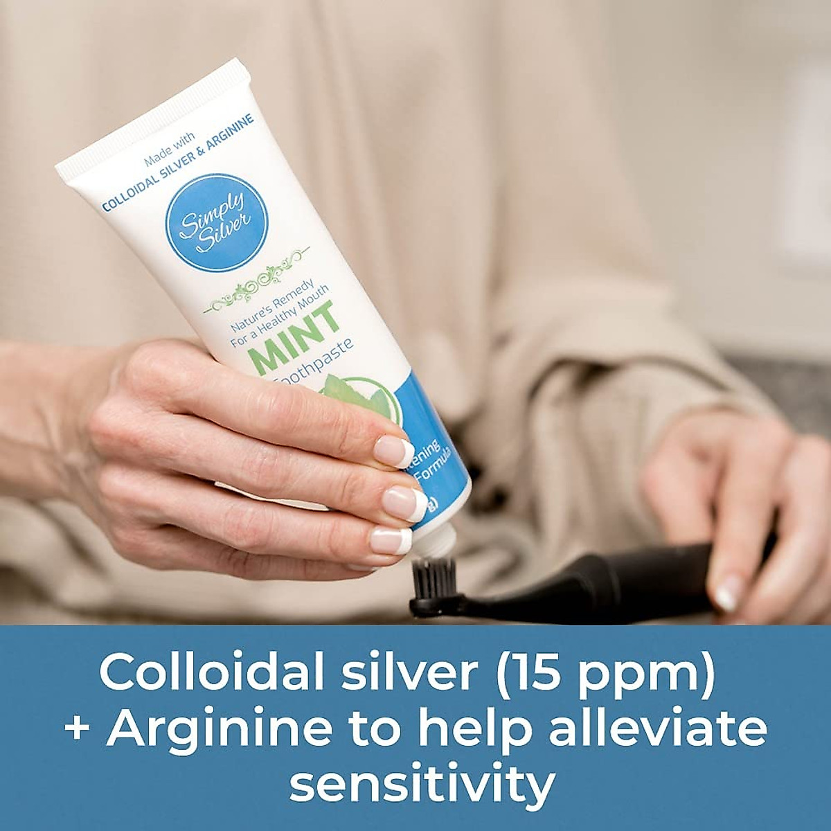 Simply Silver Toothpaste Mint - All Natural Colloidal Silver Toothpaste, Fluoride Free, Sensitive Teeth, Whitening, 4 oz