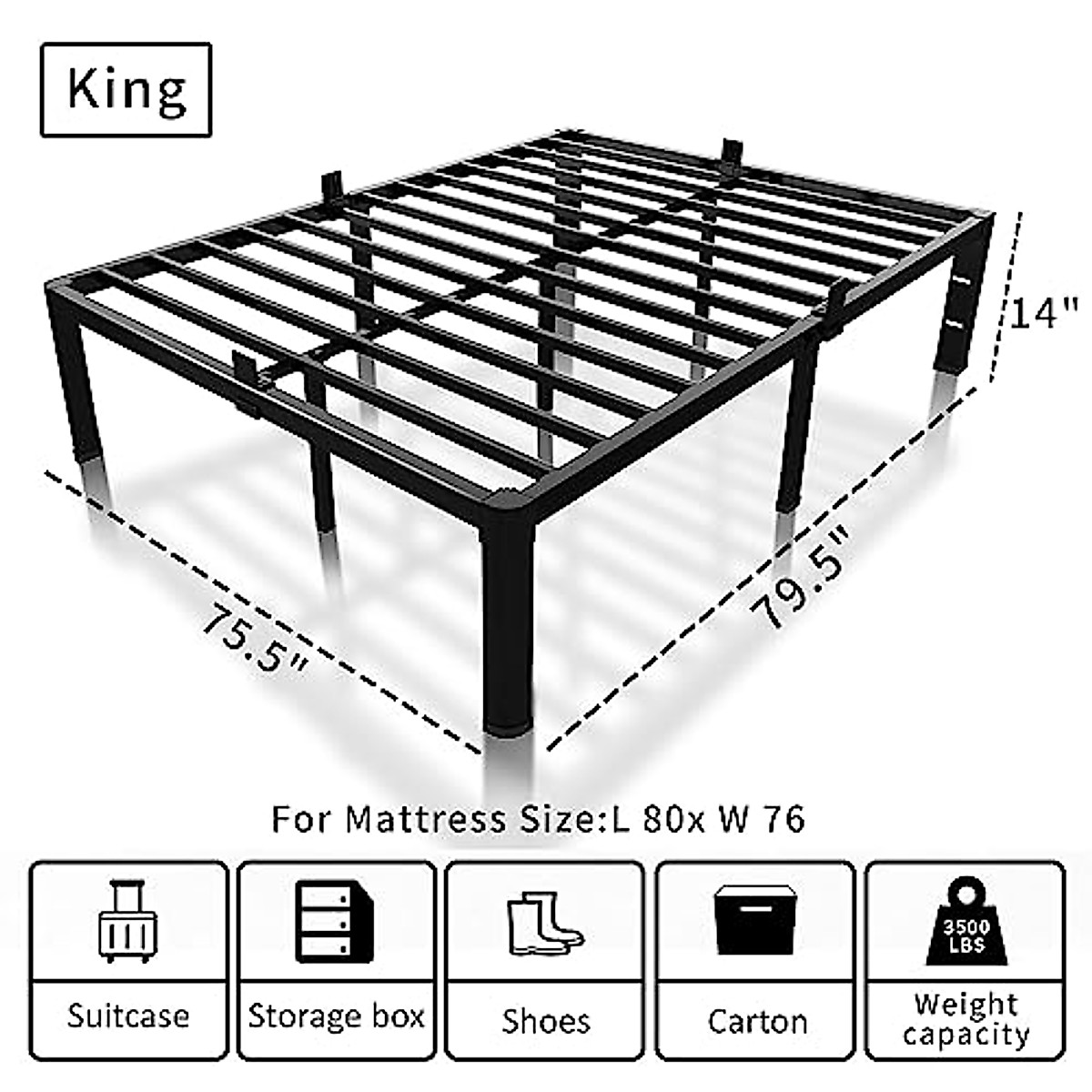 ROIL 14 inch King Bed Frame Metal Platform No Box Spring Needed with Headboard Hole and Round Corner Legs Mattress Retainers 3500LBS Heavy Duty Steel Slats Noise-Free Underneath Storage Easy Assembly
