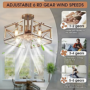 PUNSOKO Ceiling Fans with Lights, Brushed Nickel Fandelier Ceiling Fan with Light and Remote, 20'' Modern Bladeless Chandelier Fan Flush Mount for Kitchen, Bedroom, Living Room