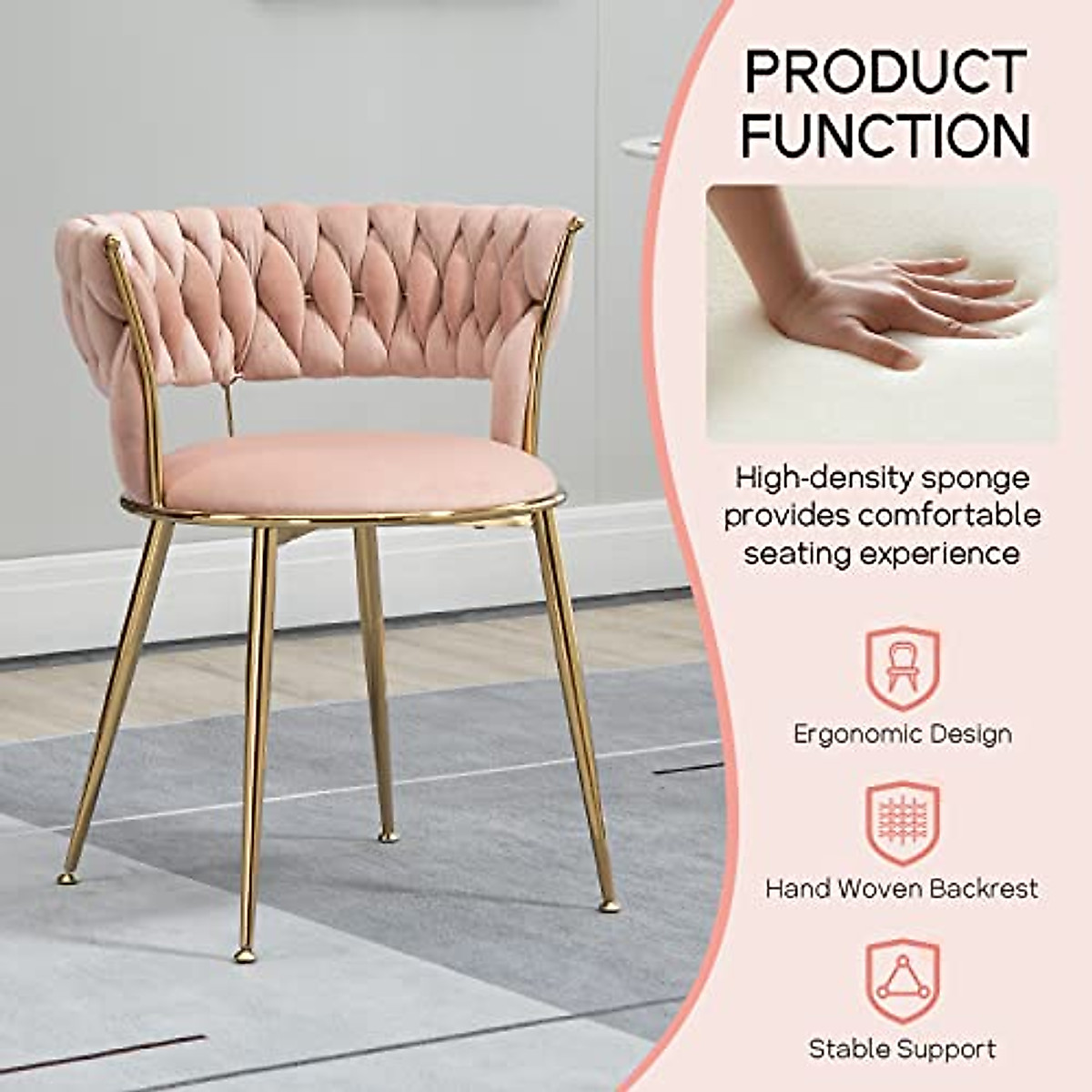 LETESA Velvet Dining Chairs Set of 2 with Hand Woven Hollow Backrest Design, Modern Upholstered Accent Chairs with Gold Metal Legs, Vanity Chairs for Dining Room, Living Room (Pink)