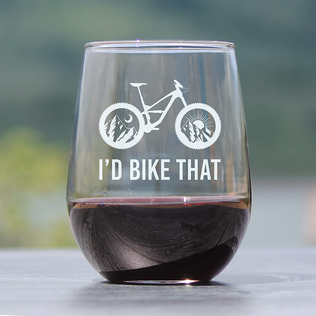 I'd Bike That - Stemless Wine Glass - Bicycle Themed Decor and Gifts for Mountain Bikers - Large 17 Oz Glasses
