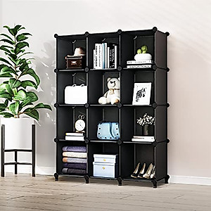 GREENSTELL Closet Organizer, 12-Cube Storage Organizer with Rubber Mallet, Portable Closet Storage Shelves, Clothing Storage for Kids, Closet, Bedroom, Bathroom, Office (11.8x11.8x11.8 inch), Black
