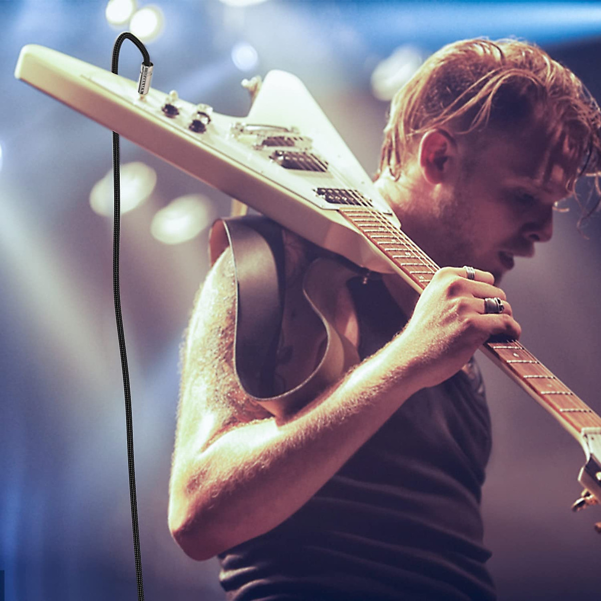 Sovvid Guitar Cable 10FT Professional Instrument Cable Electric Guitar AMP Cord Updated Version 1/4 TS Cable for Guitar Bass Mandolin Keyboard and Pro Audio, Right Angle to Straight (Black White)