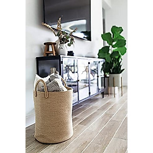 OrganiHaus Large Woven Baskets for Storage | Cotton Rope Baskets for Storage | Tall Blanket Basket for Living Room | Nursery Laundry Basket | Big Basket for Toys | Basket for Blankets - Honey ,Tall (15"x18")