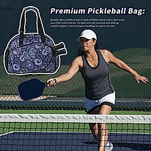Boulder Bee | Premium Pickleball Bags | PickleBall Tote Bag for Women | Women’s Hand/Shoulder Gym Bag w Water Bottle Holder | With Racquet/Paddle Holder (Blue cashew flower)