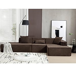 Tosaronia 129.5 X 58 Sectional Sofa L Shaped Couch with Polyester Fabric, 3 Seat Corner Sofa Couch, Modern Upholstered Couch with 4 Pillow Right Chaise Lounge for Living Room Office(Dark Brown)