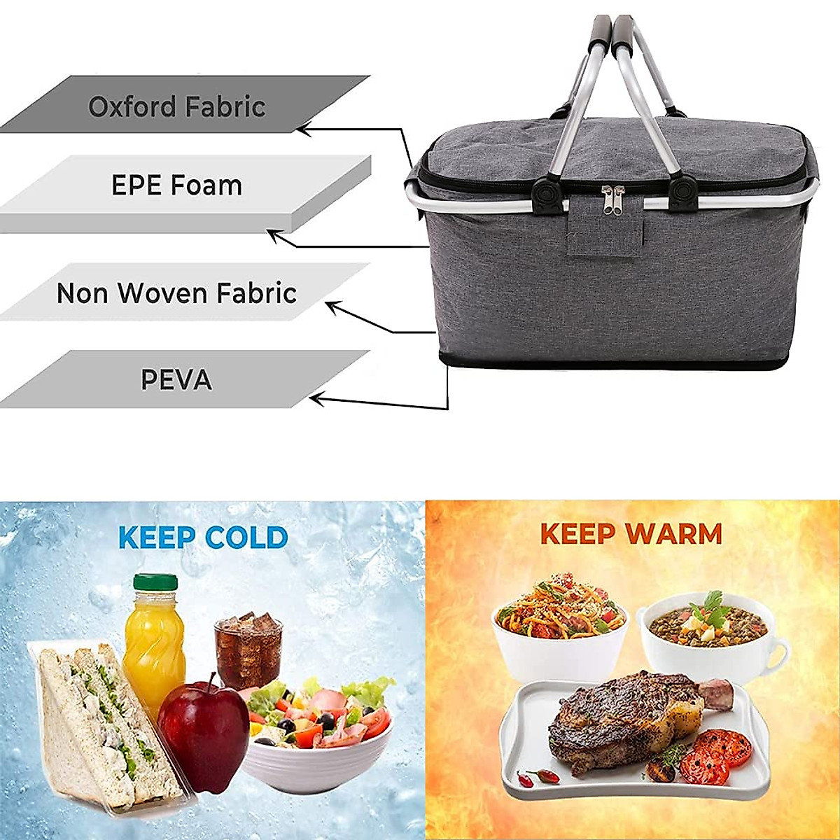 Yuyanbaibei Insulated Lunch Bag for Men and Women,(16.5 X 9 X 9") Lunch Box Water-resistant and Reusable, Insulated Lunch Box Soft Cooler Cooling Tote, for Lunch, Beach, and Picnic(light gray)