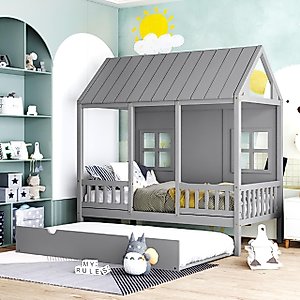 voqoomkl Twin House Bed with Pull Out Trundle, Platform Bed Frame with Roof Design and Guard Rail,Wood Playhouse Bed Twin with Support Legs for Teens Girls,Boys,No Box Spring Needed,Gray