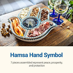 KAMSAH Plate Set & Serving Platter, Custom Hand-Painted Ceramic Appetizer Hamsa Tray Serving Dishes for Celebrations, Parties and Events (Hand - Large, Turquoise)