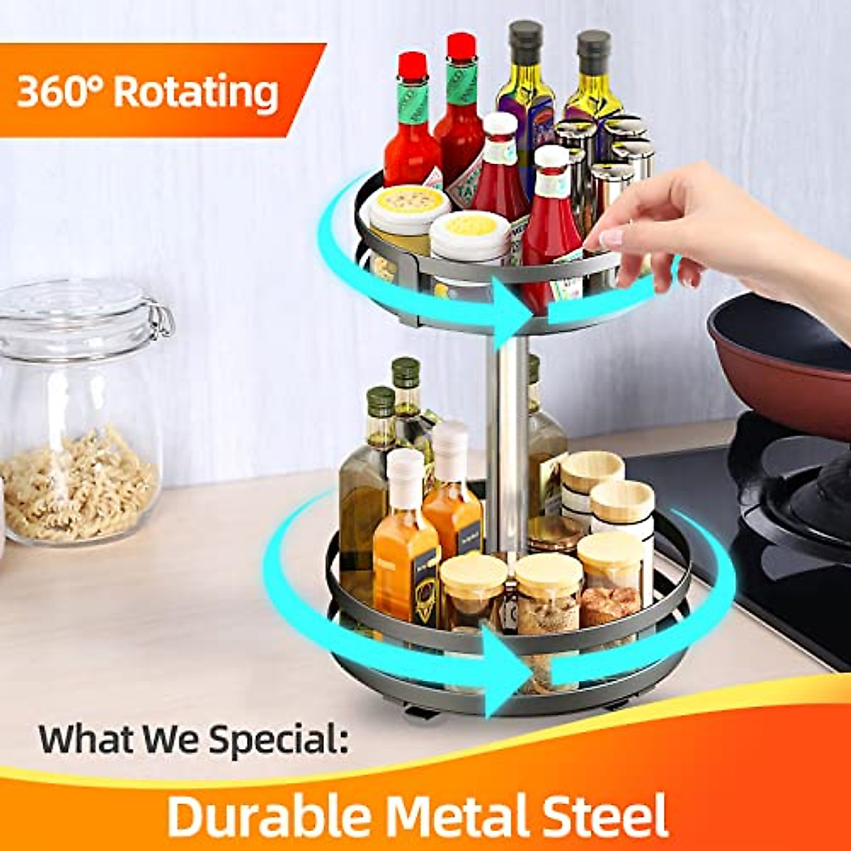 Lazy Susans Organizer, 2 Tier Metal Steel Turntable Organizer, Rotating Spice Racks for Kitchen, Pantry, Cabinet, Cupboard Table, 10 inch, Black