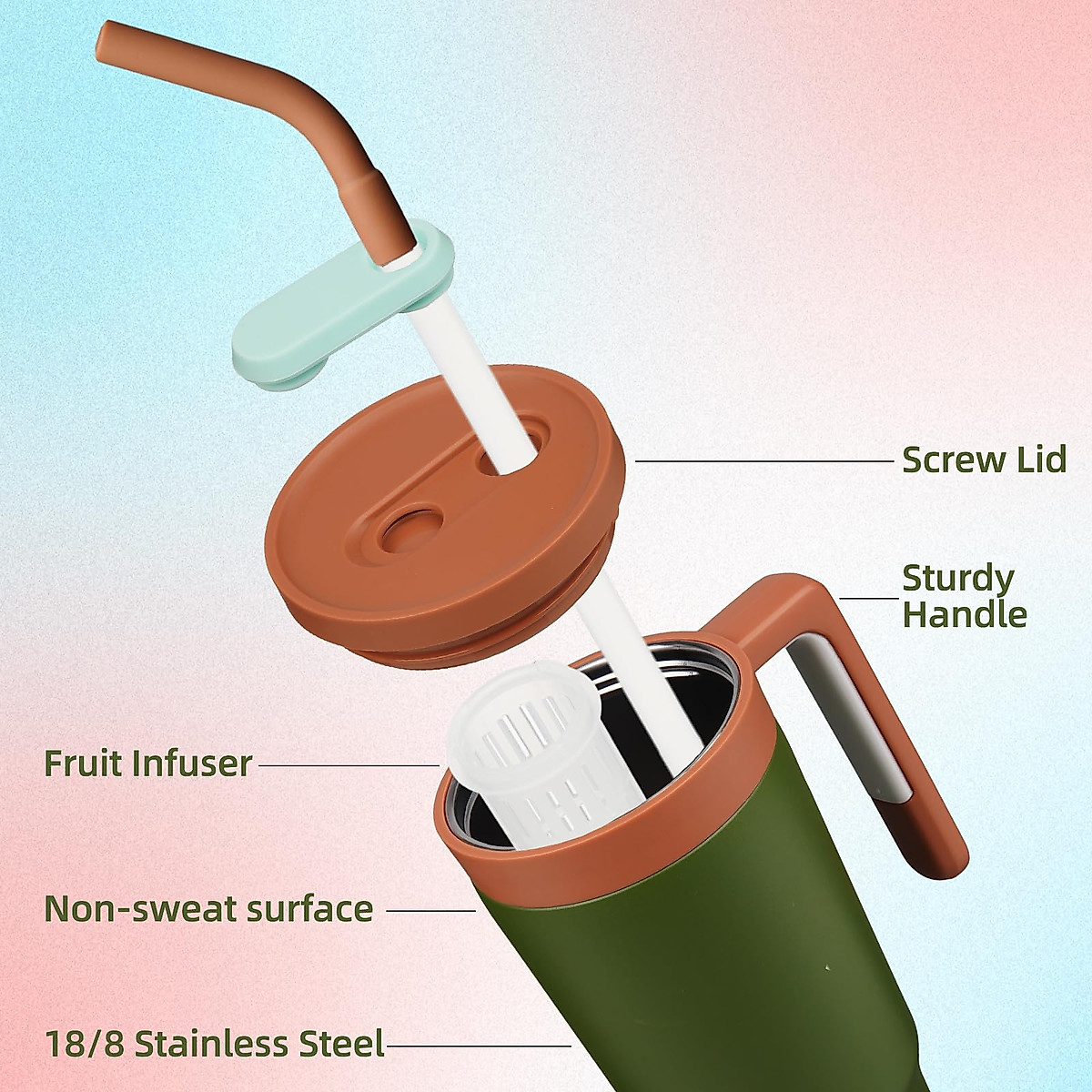 Konokyo Insulated Tumbler with Handle and Straw,40 OZ Vacuum Stainless Steel Water Bottle Travel Mug Metal Cup with Fruit Diffuser,Forest Green