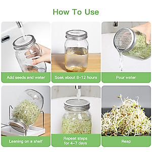 SBMKK Seed Sprouting Jar Kit - 2 Wide Mouth Mason Jars with 316 Stainless Steel Sprouting Lids Covers, Drip Tray and Stand for Growing Broccoli Alfalfa Beans Sprout (Two Jars)