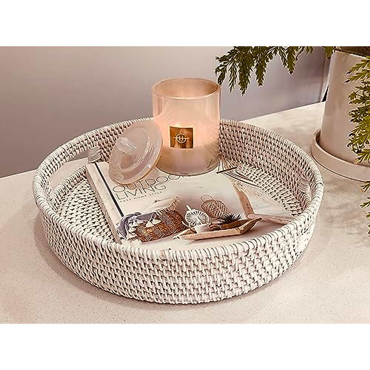 SIMPLY FABULOUS Round White Rattan Serving Tray with Handles, 11.8 inch, Hand Woven in a Durable Stunning Design, A Great Serving Basket for Food or Drinks