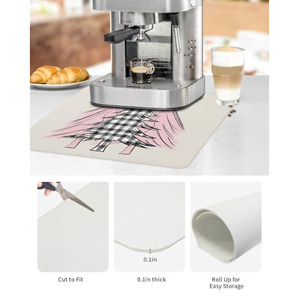 Coffee Mat for Counter, Pink and Black White Plaid Christmas Tree Absorbent Hide Stain Coffee Bar Mat, Non-slip Coffee Bar Accessories Kitchen Drying Mat Fit Under Coffee Maker Espresso Machine