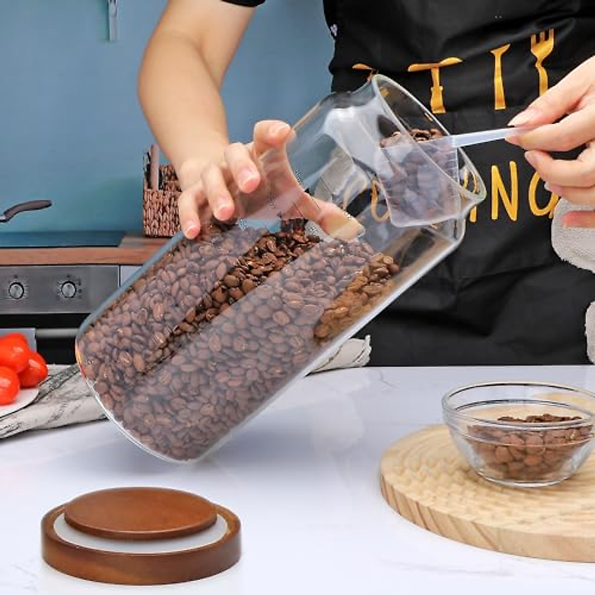 Datttcc 100 oz Glass Storage Canisters with Wood Lids,Clear Food Storage Container Jars with Airtight for Noodles,Flour, Cereal,Sugar,Rrice,Tea,Coffee Beans,4 Pack