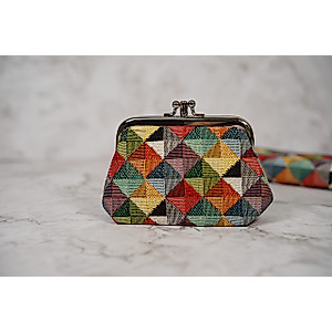 Signare Tapestry Double Pocket Change Pouch Kiss lock Coin Purse for Women With Colourful Geometric Multicolor Triangles Design (FRMP-MTRI)
