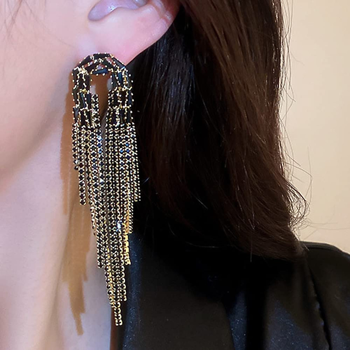 fxmimior Women Prom Black Fashion Long Chain Halloween Gold Rhinestone Dangle Black Earrings Gothic Style For Women and Girls