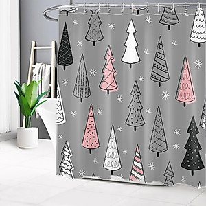 LB Christmas Tree Shower Curtain Black and White Pink XMAS Tree with Snowflake Grey Bathroom Shower Curtain Winter Holiday Bathroom Decor with Hooks 72Lx72W Inch Waterproof Polyester Bath Curtain