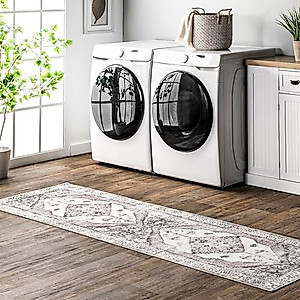 nuLOOM Gladys Machine Washable Vintage Medallion Ultra Thin Runner Rug, 2' 6" x 12', Light Grey