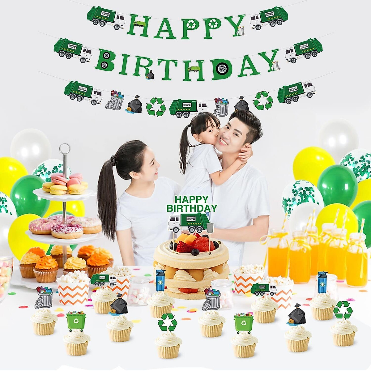 Dulousia Garbage Truck Party Supplies - Trash Truck Happy Birthday Banner, Garbage Truck Themed Balloons, Cup Cake Toppers for Waste Management Recycling Party
