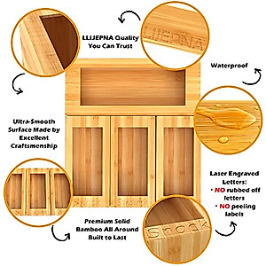 Ziplock Bag Storage Organizer for Kitchen Drawer,LIJEPNA Bamboo Ziploc Bag Organizer,4 Separate Baggie Organizer, Suitable for Gallon, Quart, Sandwich & Snack Variety Size Bag (4 box set)