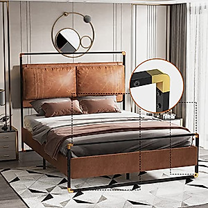 SAMTRA Queen Size Platform Bed Frame Upholstered Faux Leather Bed with Wooden Slat Support, No Box Spring Needed, Sturdy and Noise-Free, Brown