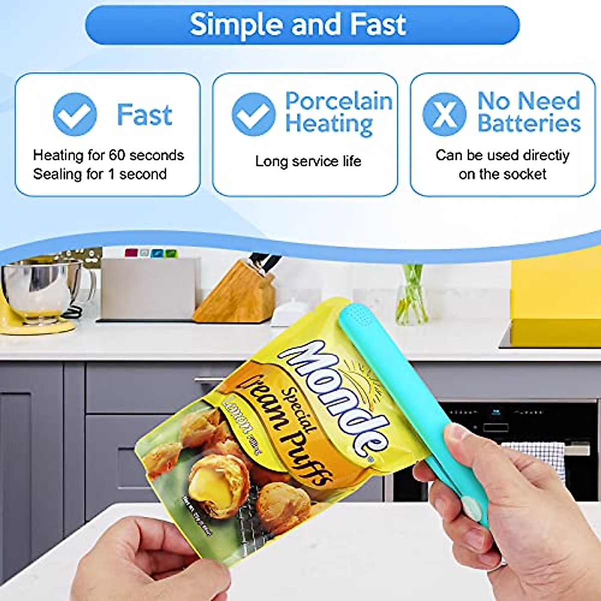 Mini Chip Bag Heat Sealer, Portable Food Sealer, Bag Resealer for Food Storage, Handheld Sealing Machine for Candy Bag, Pet Food Bag, Snack Bags, with Power Cable (No Battery Needed) - Mint