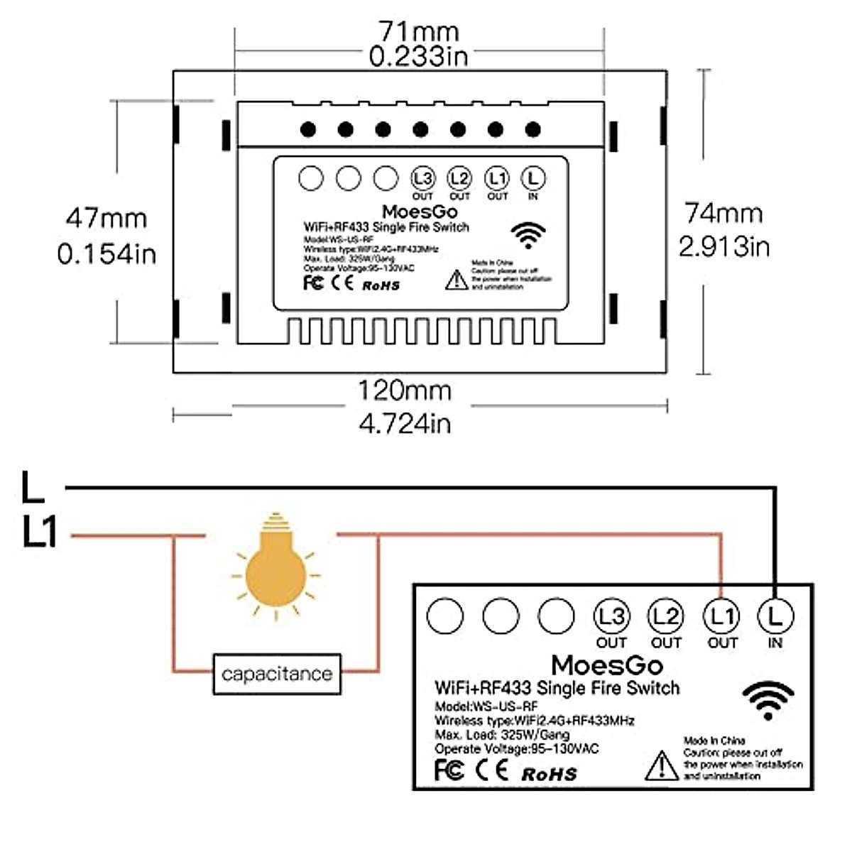 MoesGo 2nd Generation WiFi RF433 Smart Touch Wall Single Wire Smart Switch?No Neutral Wire Needed Compatible with Smart Life/Tuya App, Works with Alexa and Google Home Single Pole 110V Black 3 Gang