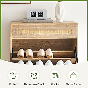 IDEALHOUSE Natural Rattan 3 Flip Door with 1 Drawer Shoe Cabinet Organizer Freestanding, Shoe Rack Storage Cabinet for Entryway with 3-Tier Adjustable Shelves for Slippers, Sneakers, Heels, Boots
