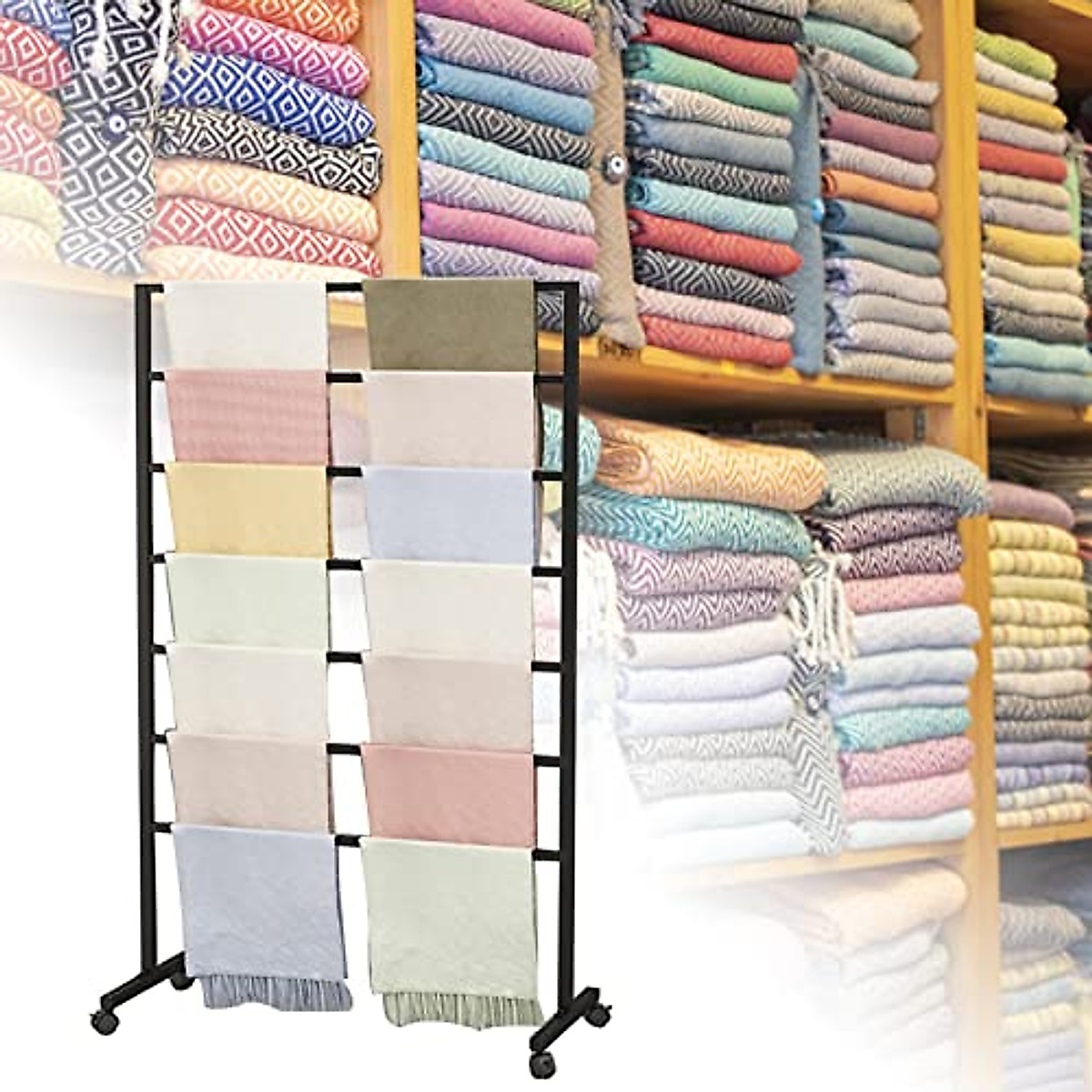 Freestanding Metal Scarf Display Rack with Wheels, Hanging Silk Shawl Fabric Pant Sheet Towel Organizer Rack, Tie Holder, Accessory Storage Rack for Clothing Retail Store Boutiques Home