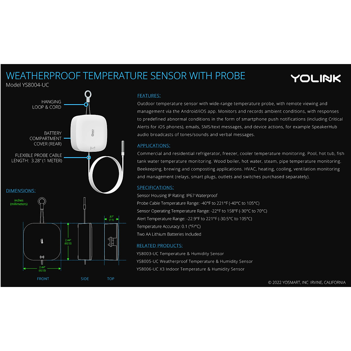 YoLink Weatherproof Fluid, Air, Surface Extreme High/Low Temperature Sensor with Probe, 1/4 Mile Long Range, YoLink Hub Required