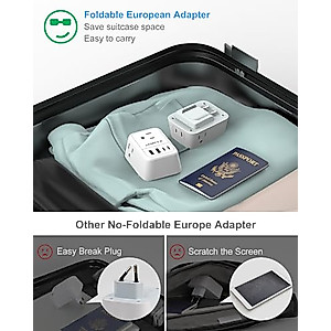 Foldable European Travel Plug Adapter, JAMIFEX International Power Plug Adaptor with 4 Outlets 4 USB(2 USB-C) Ports, Type C EU Adapter US to Most Europe Spain Italy France Germany