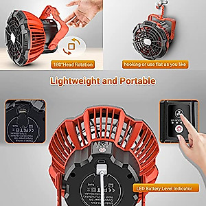 Portable Fan Camping Fan for Tents, 25 Hours Work-time Camping Lantern Ceiling Tent Fan Desk Fan with 7800mAh Power Bank, Clip and Remote, Usb Rechargeable Fan for Hiking, BBQ,Hunting, Hurricane (Black Orange)
